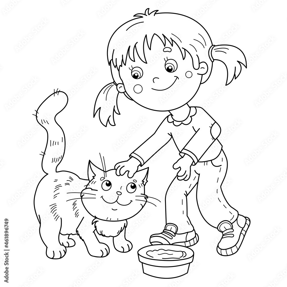 Coloring Page Outline Of cartoon little girl with her cat. Pet ...