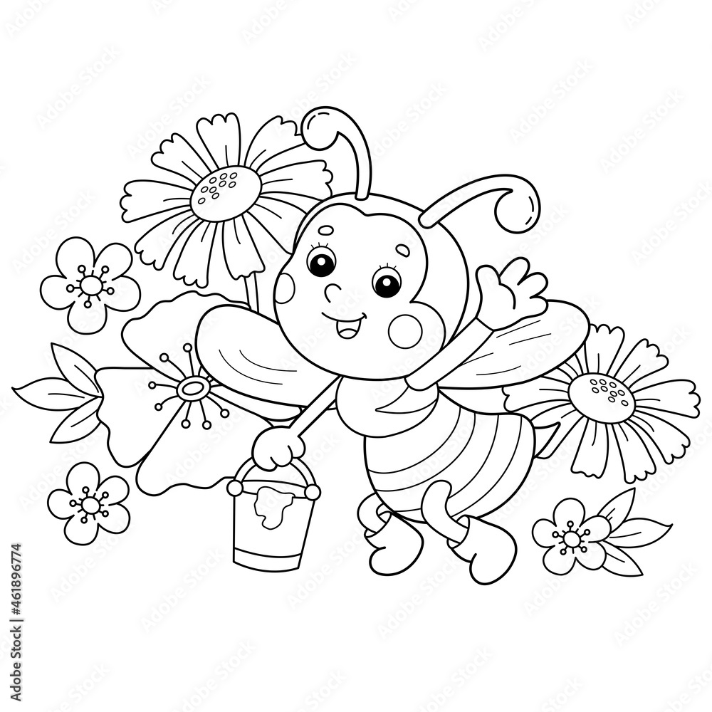 Coloring Page Outline of cartoon little bee with honey on flower meadow ...