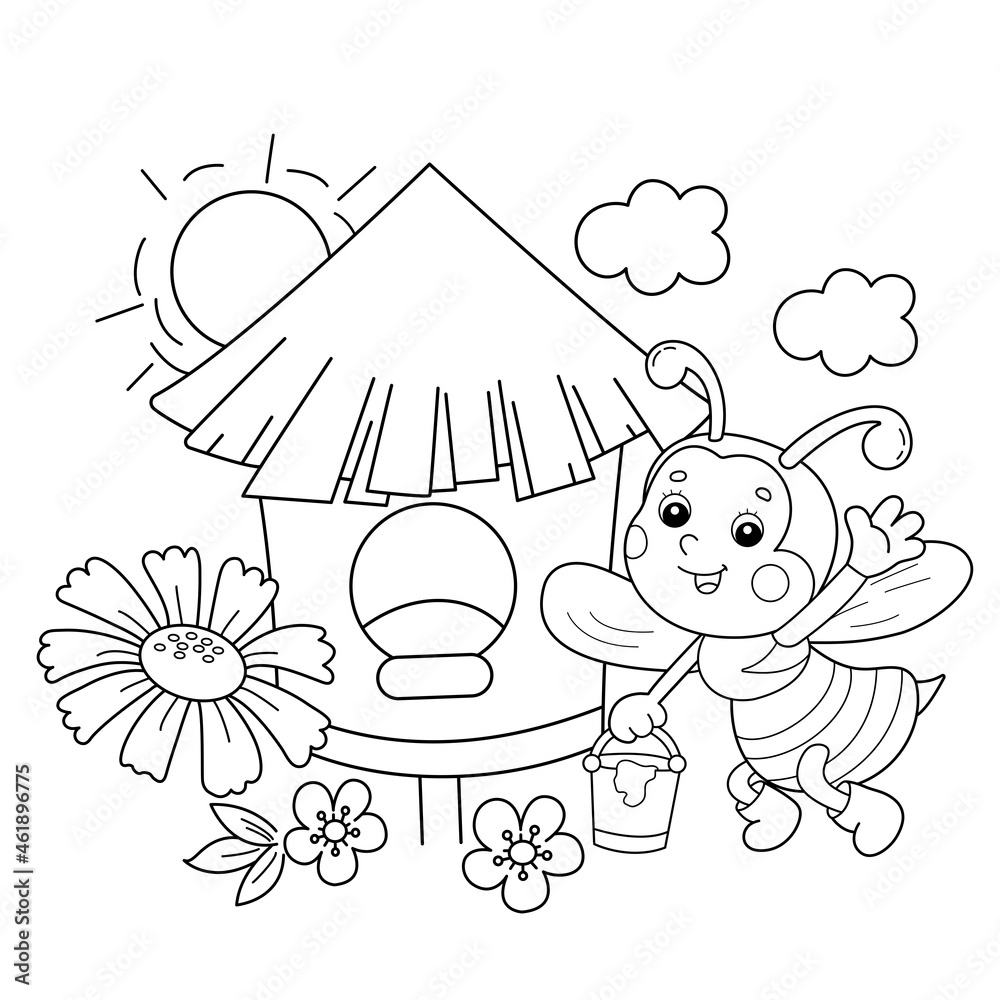 Coloring Page Outline of cartoon little bee with honey on flower meadow ...