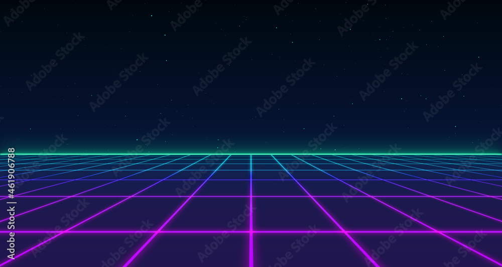 80s Retro Sci-Fi Background Futuristic Grid landscape. Digital cyber ...