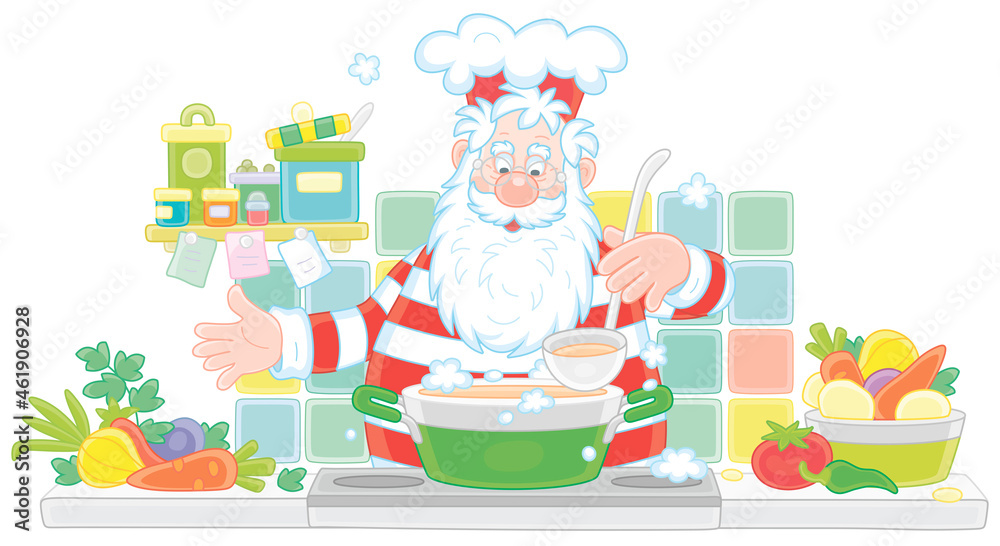 Santa Claus standing at his kitchen stove and cooking a tasty vegetable ...
