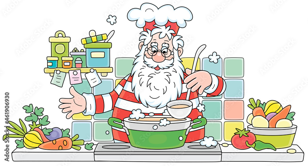 Santa Claus standing at his kitchen stove and cooking a tasty vegetable ...