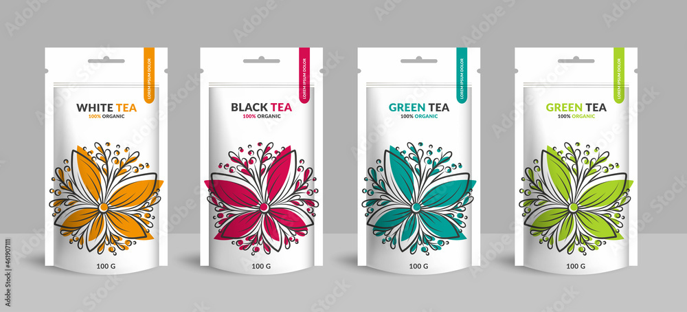 Tea packaging design with zip pouch bag mockup. Vector ornament ...