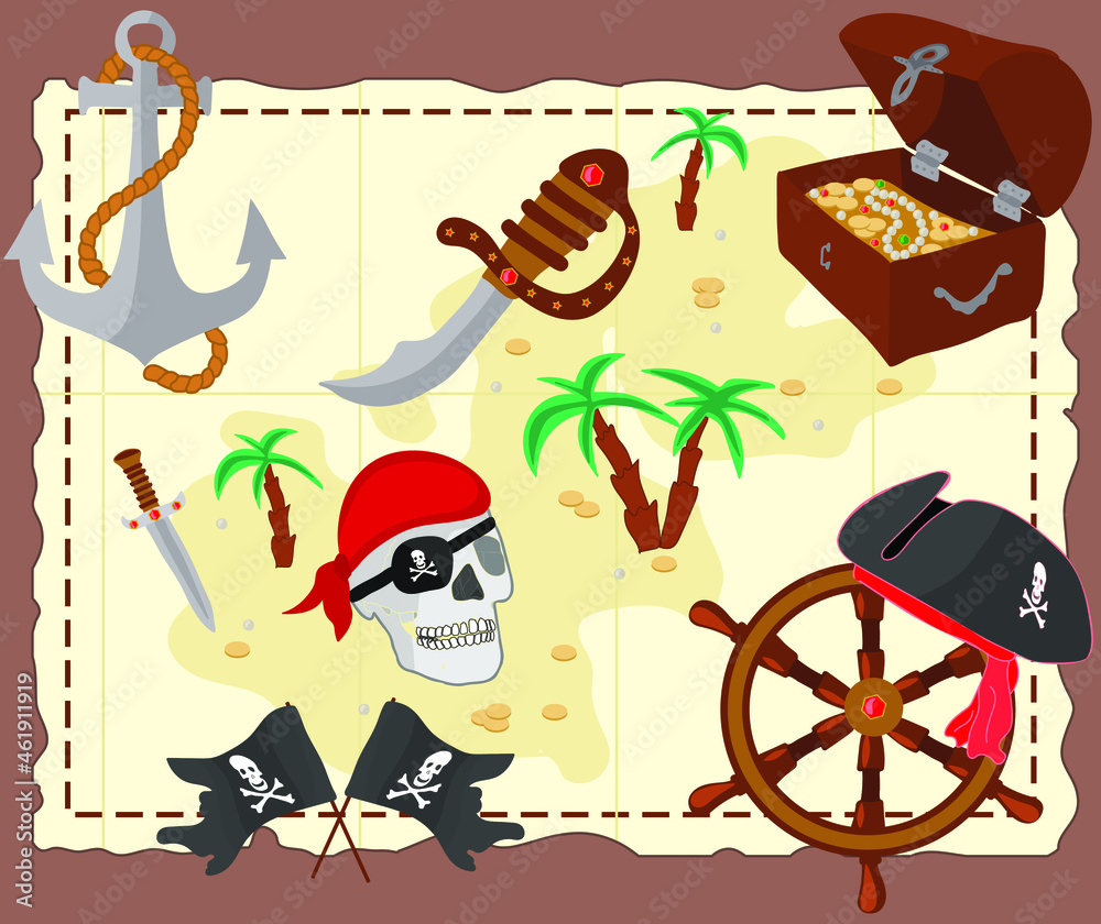 Pirate set with pirate hat,scull, saber, dagger, steering wheel, anchor ...