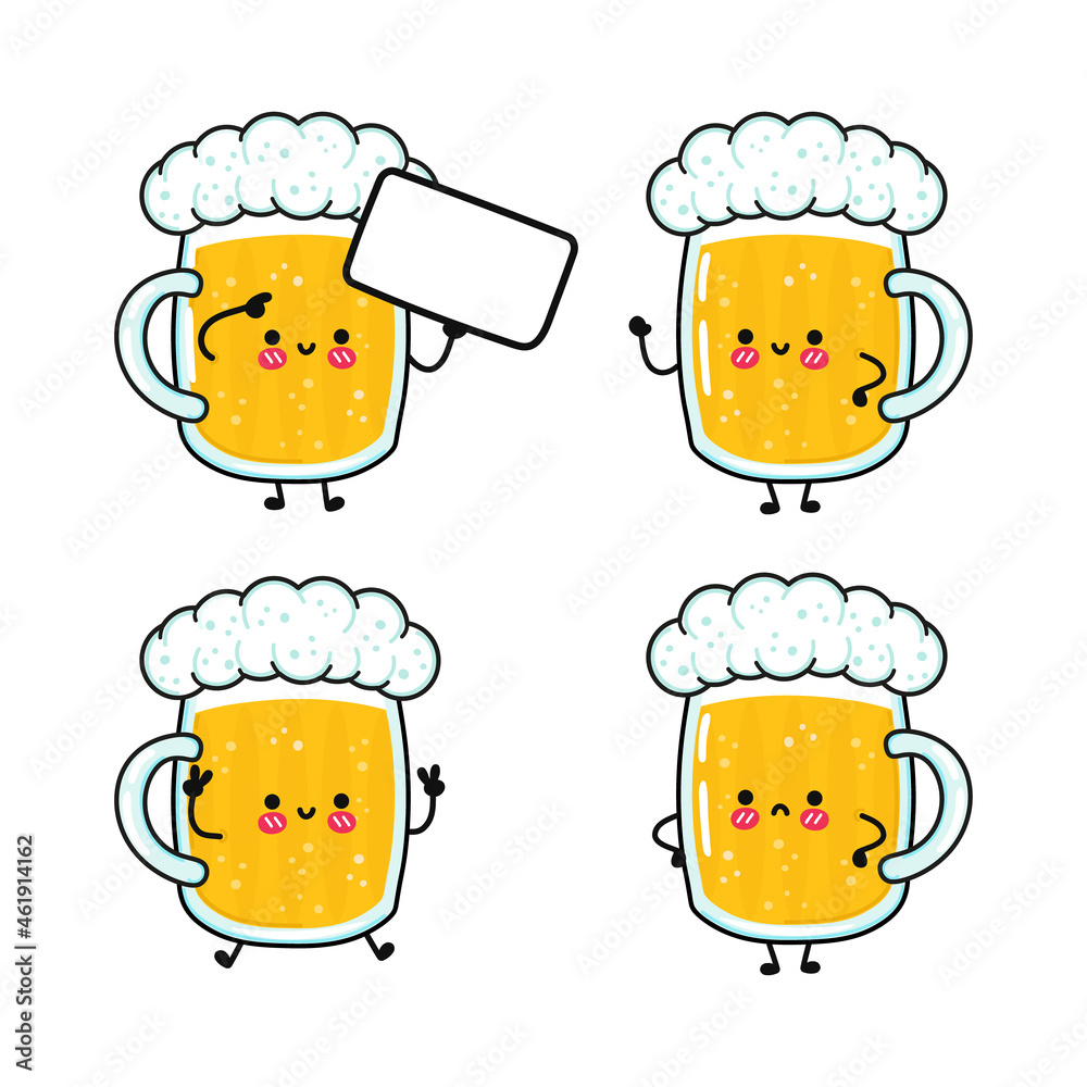 Funny cute happy glass of beer characters bundle set. Vector hand drawn ...