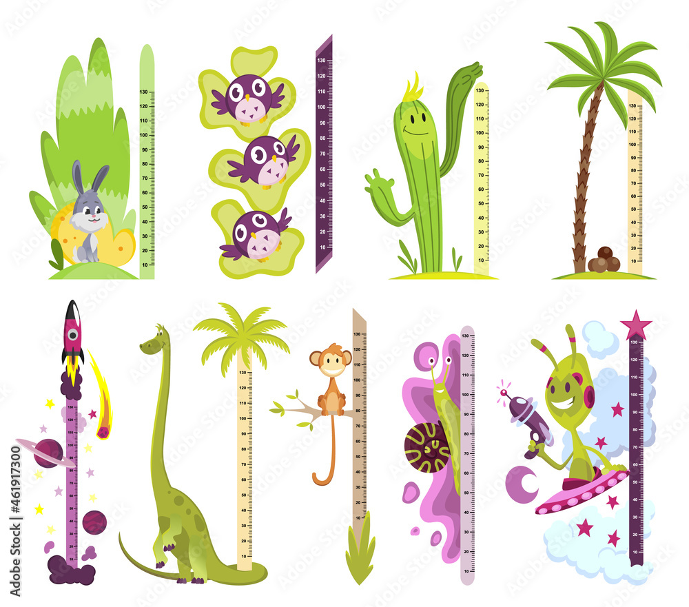 Collection of wall meters with different images. Stickers for measuring ...