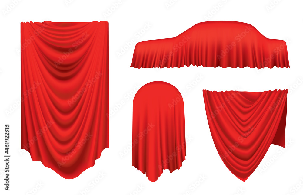 Covered objects. Red silk fabric curtain cover. Revealer cloth ...