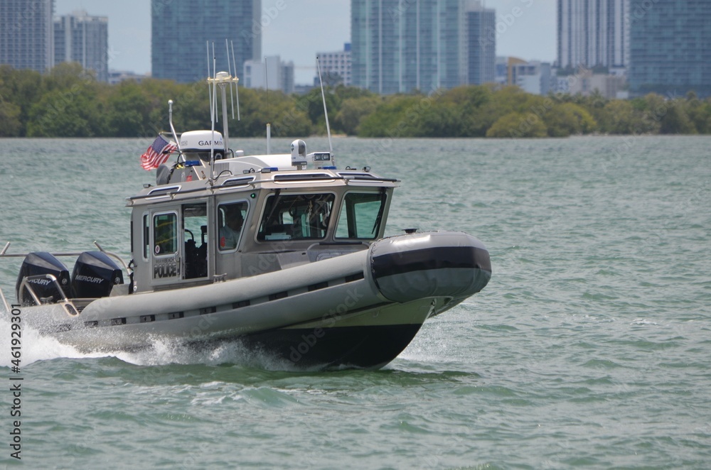 Miami Beach police patrol boat speeding on the Florida Intra-Coastal ...