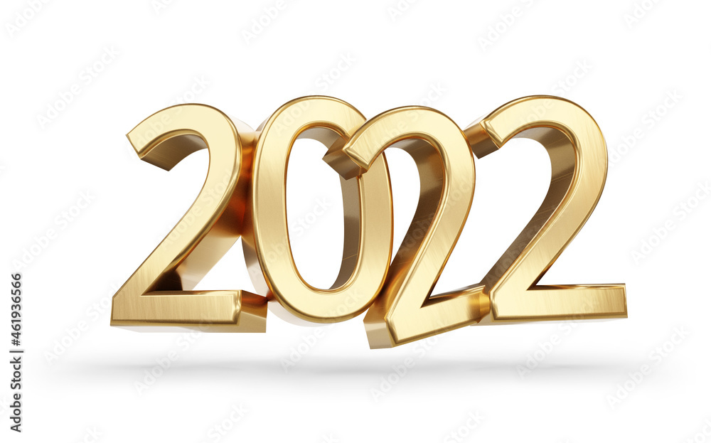 2022 golden symbol bold letters isolated on white with object shadow 3d ...