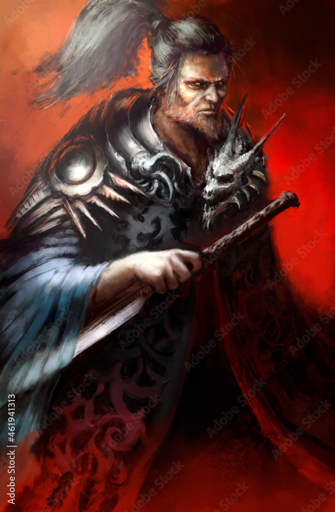 A brave ronin in plastic dragon-shaped armor bared his katana, his eyes ...