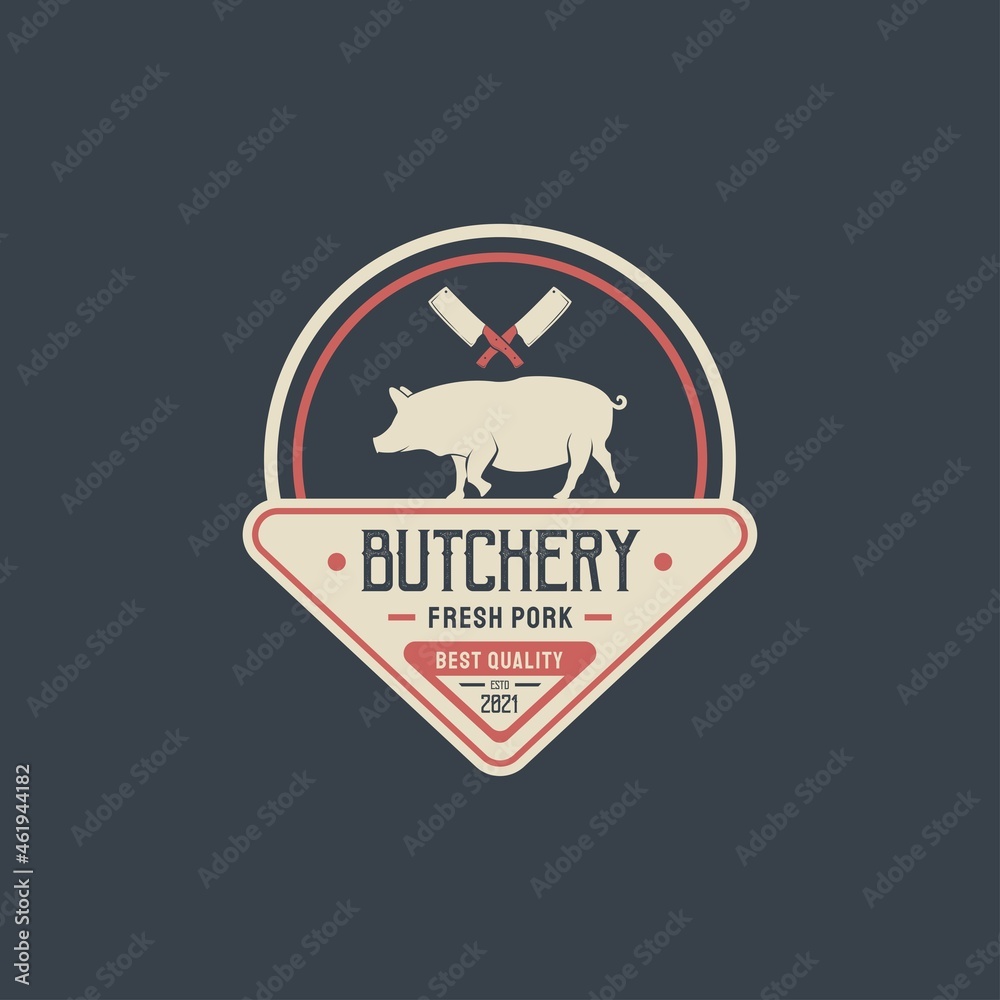Vintage Retro Pork Butcher Shop Logo Design. With pig, and knife icon ...