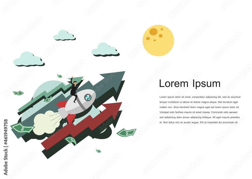 An investor sitting on rocket, taking off to the moon and enjoy his ...