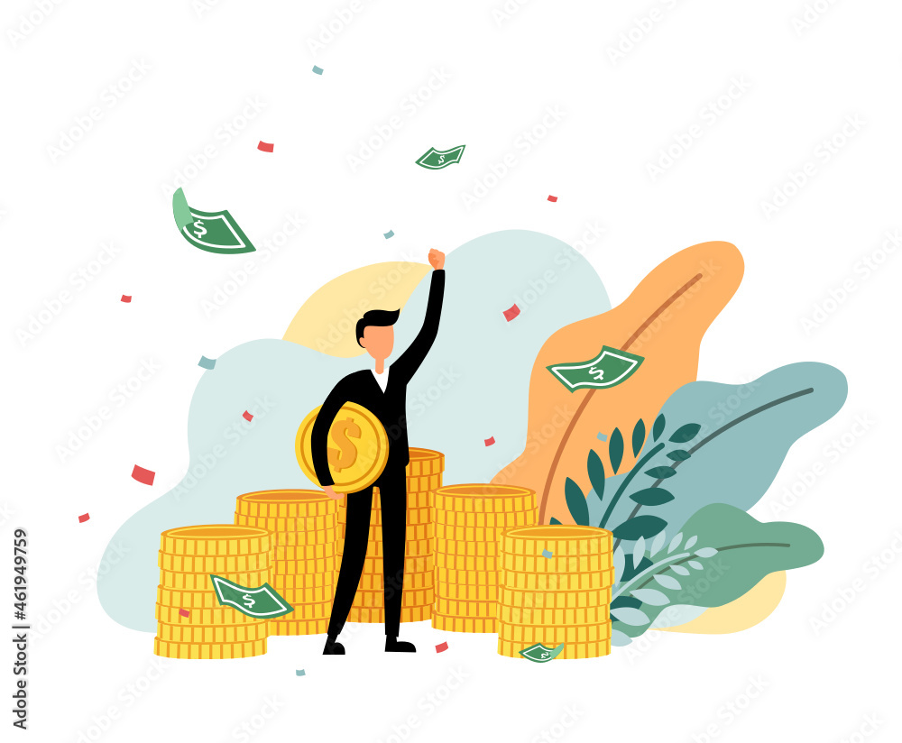 An investor hold a coin, rise hand, banknotes drop and enjoy with his ...