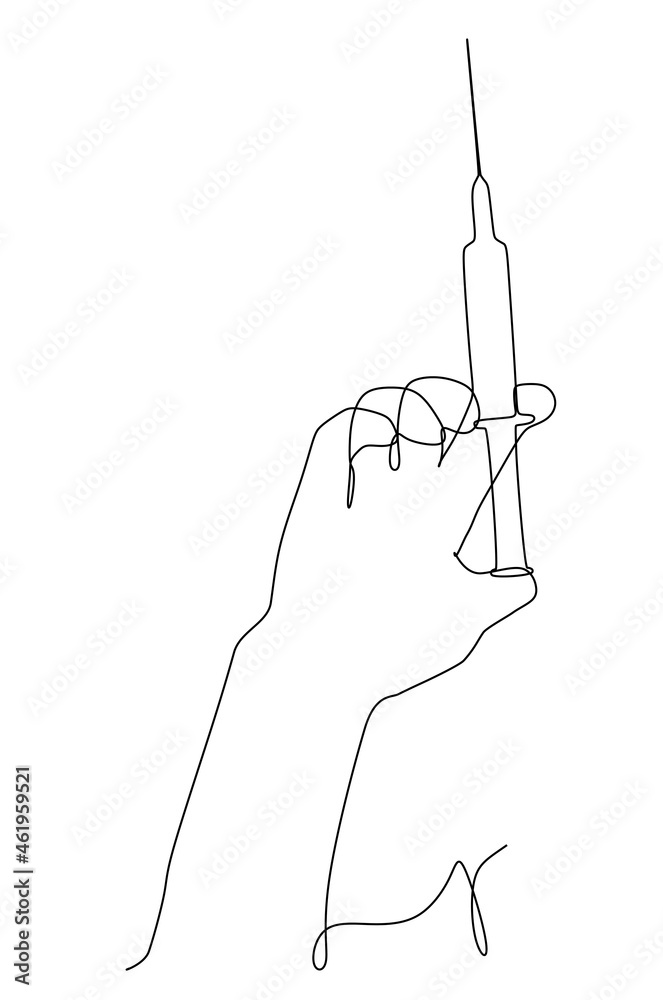 Syringe in hand. One line drawing isolated vector object by hand on a ...