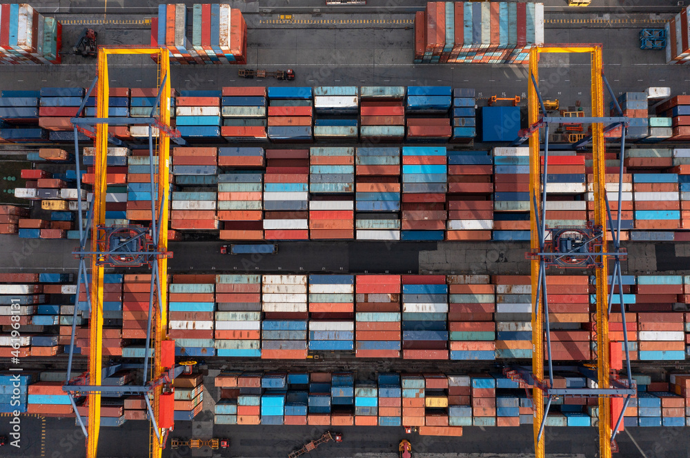 Containers loading and unloading at the seaport. Top view of the ...