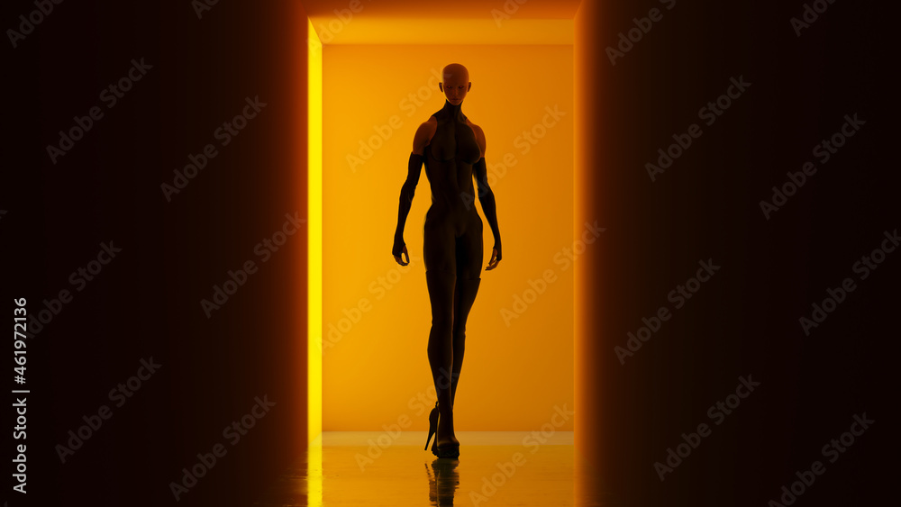 Very Tall Asian Woman with White Red Eyes in Silhouette Shadow Orange ...