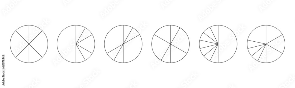 Graphic circles divided in 8 segments. Pie or pizza round shapes cut in ...
