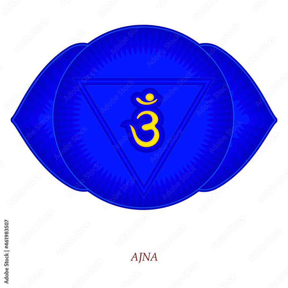 The sixth chakra is Ajna. Third eye chakra with Hindu Sanskrit. Blue is ...