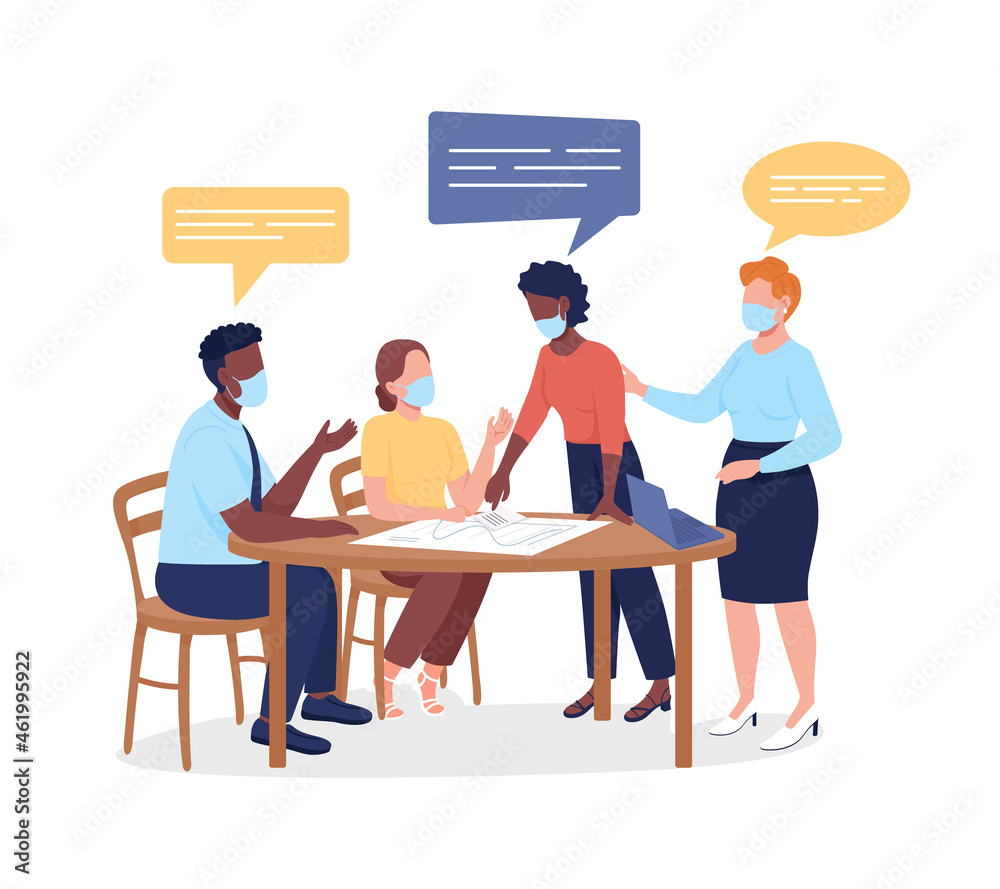 Coworkers discussing plans semi flat color vector characters. Diverse ...