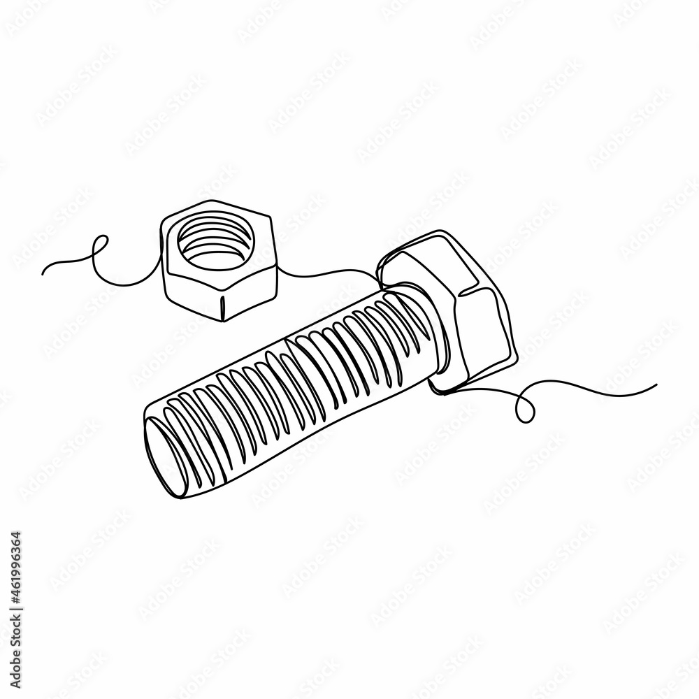Continuous one line drawing of abstract bolt and nut in silhouette on a ...