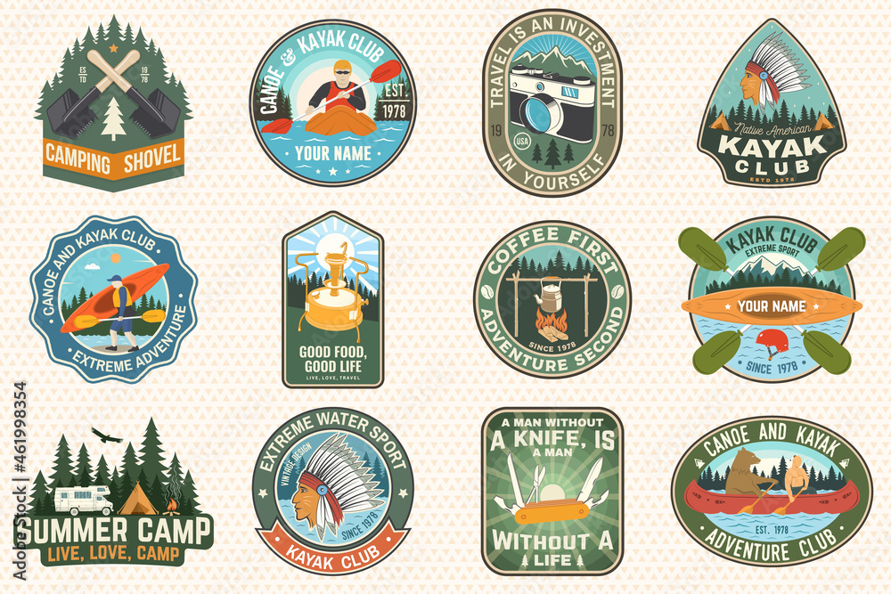Set of summer camp, canoe and kayak club badges. Vector. Concept for ...