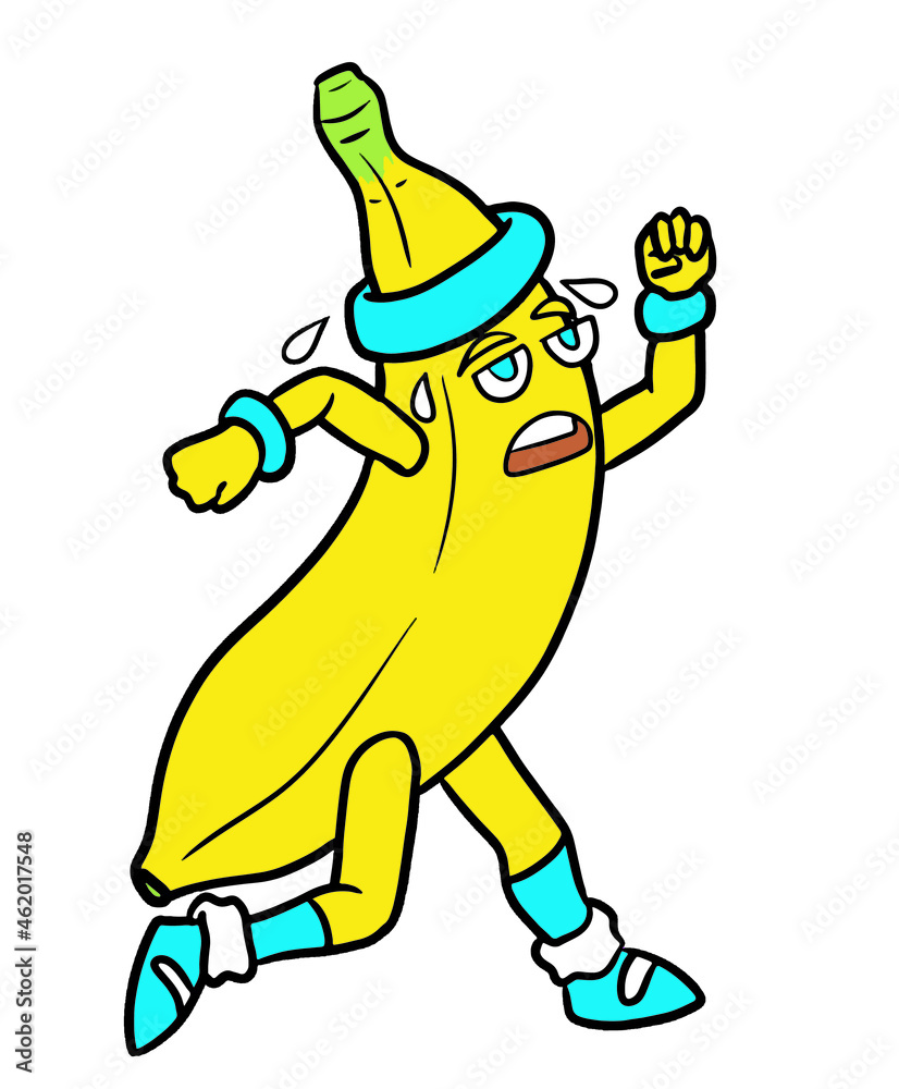 Yellow Banana running and sweating. This headband and sneaker character ...