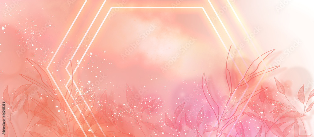 Luminous white picture frame on an artistic background with floral ...