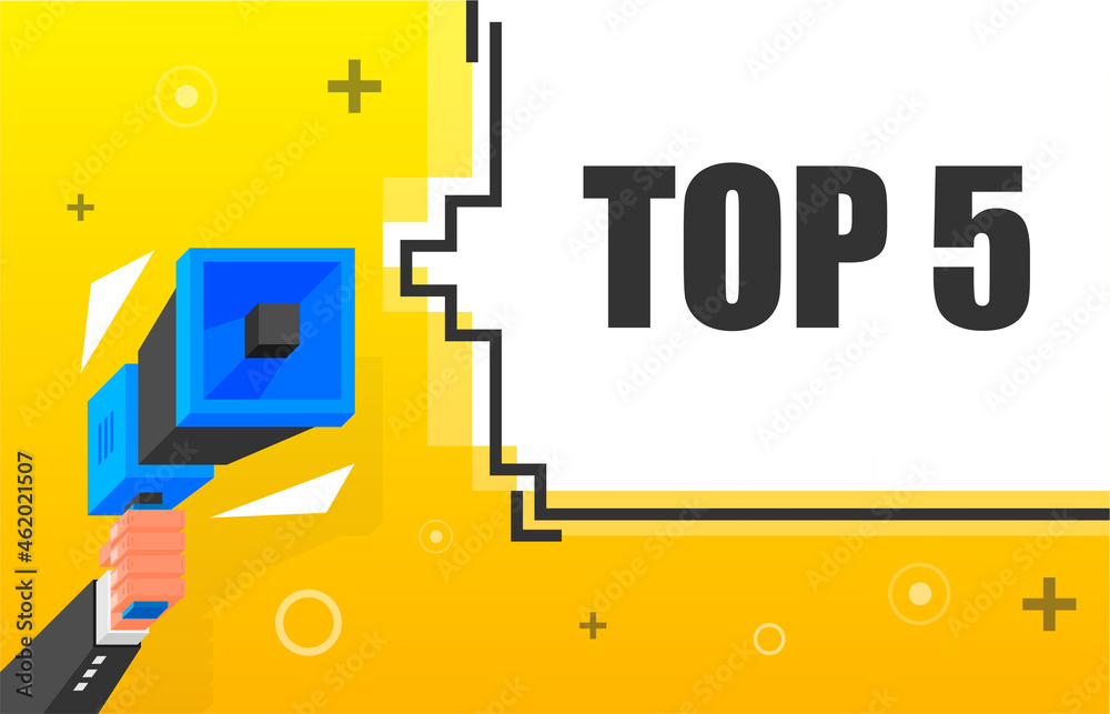 TOP 5 banner template. Marketing flyer with megaphone. Isometric and ...