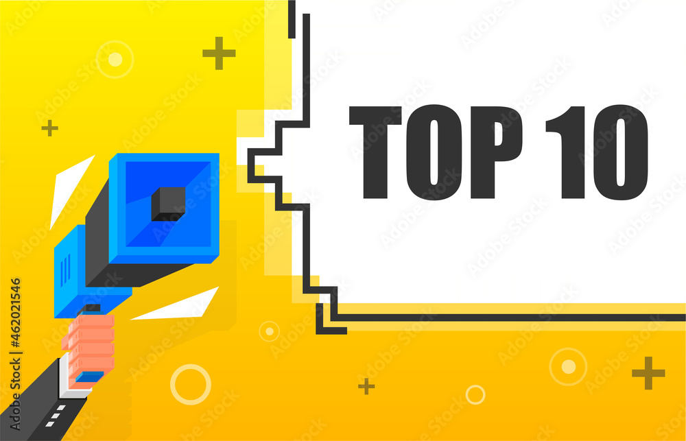 TOP 10 banner template. Marketing flyer with megaphone. Isometric and ...