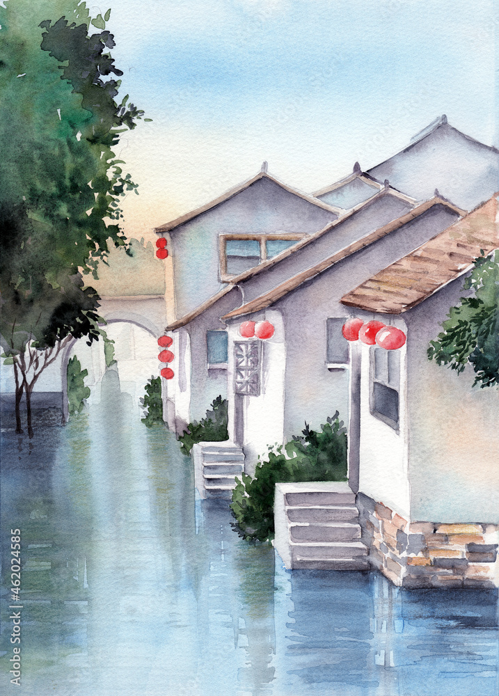 Watercolor illustration of an old Chinese village with white houses ...