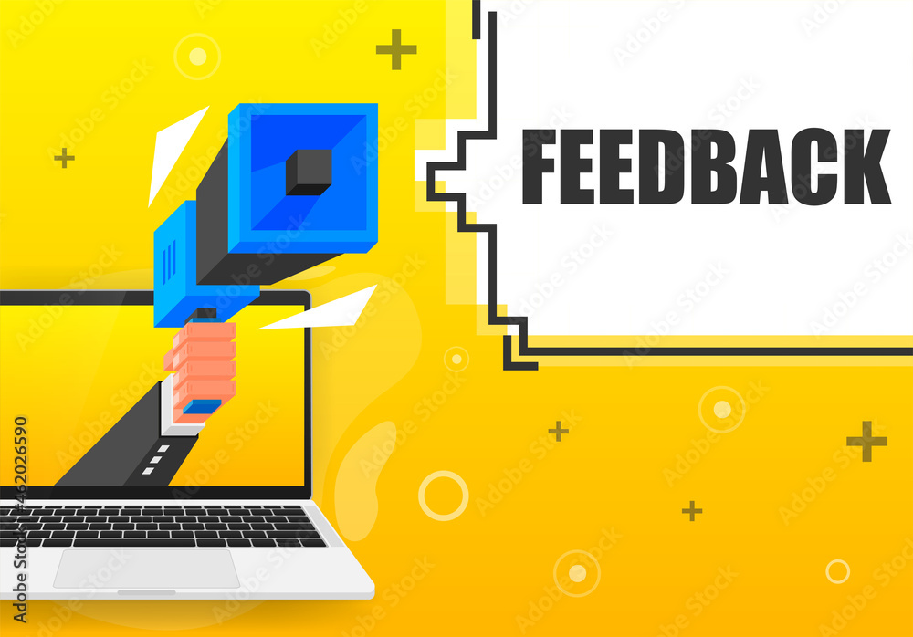 Feedback banner template. Marketing flyer with megaphone. Isometric and ...