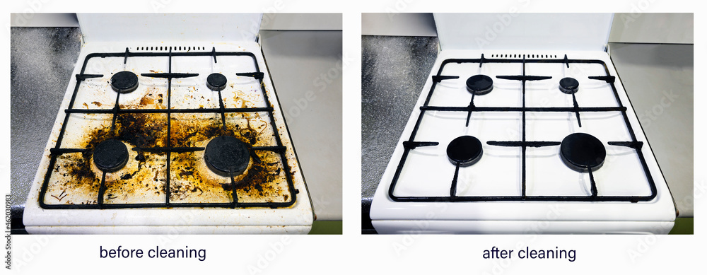 Kitchen white stove before and after cleaning service cleaning. Dirty ...