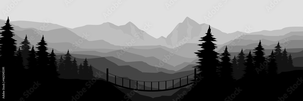 monochrome mountain landscape forest silhouette good for wallpaper ...