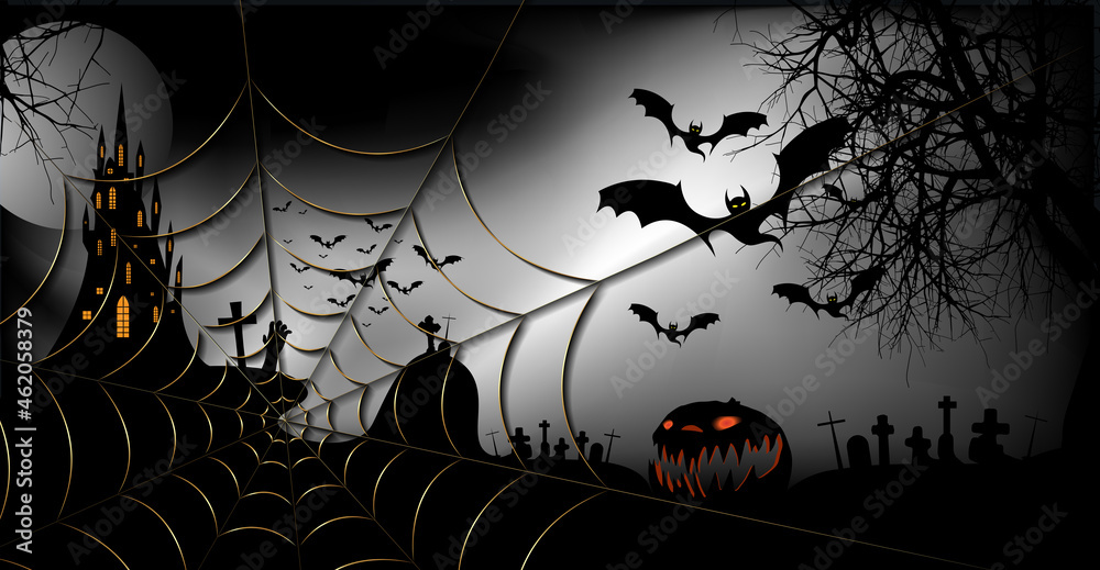 Halloween party banner, spooky dark background, silhouettes of ...
