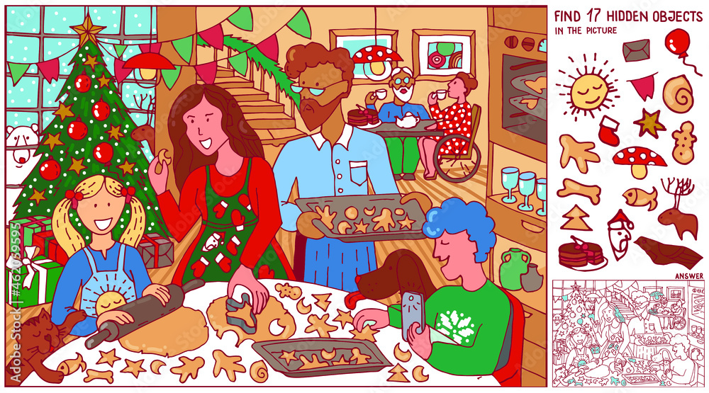 Christmas Puzzle Hidden Objects. Happy family cooking in kitchen ...