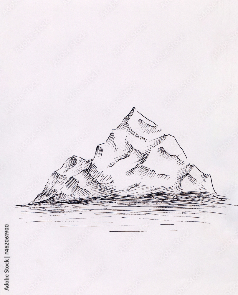 Ink drawing of iceberg in the ocean. Monochrome rocks grunge painting ...