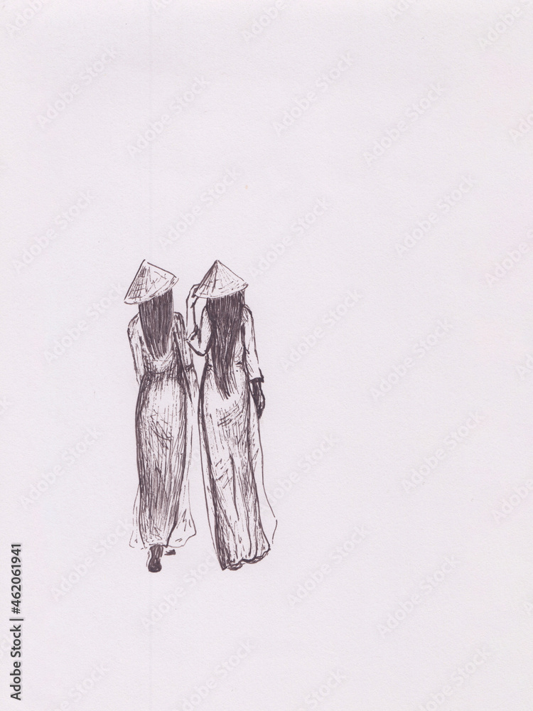 Black and white ink painting of two girls in traditional Vietnamese ...