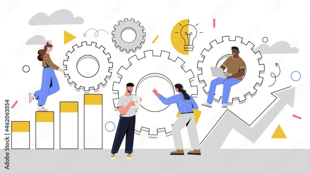 Rotating gears with business people as symbol of teamwork. Leader gives ...