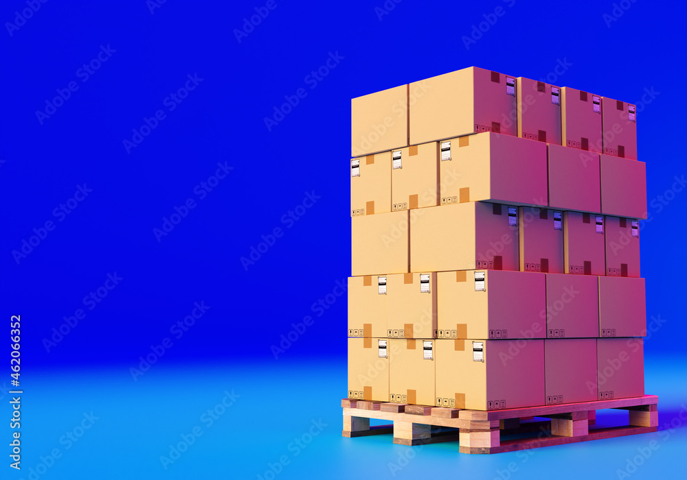 Boxes on pallet. Wooden pallet with many boxes. It symbolizes logistics ...