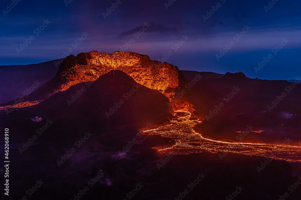Lateral flow of lava from the crater from the volcanic eruption in ...