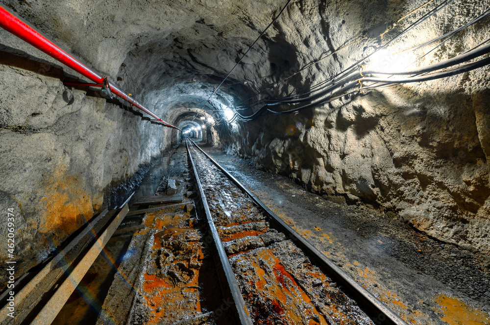 Underground mine. Underground railway for transporting ore. Mine ...