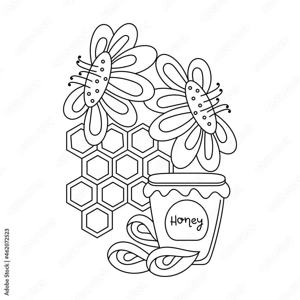 Honey coloring book page for kids. Hand drawn doodle vector design ...