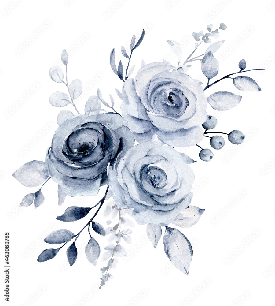 Navy blue flowers watercolor, floral clip art. Bouquet roses perfectly ...