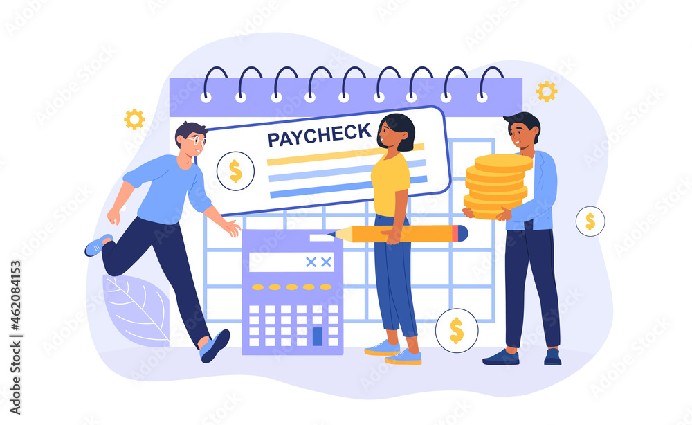 People Get Paycheck concept. Men and women receive wages in form of ...