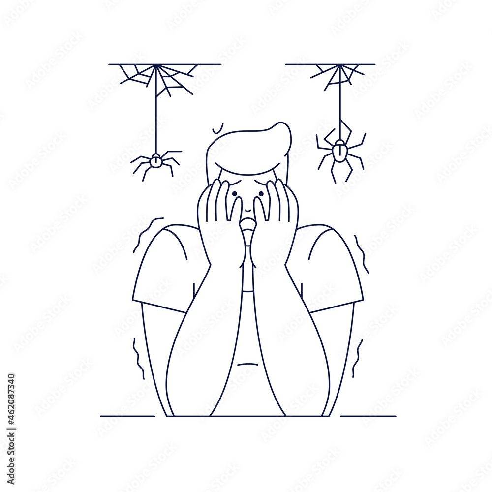 Arachnophobia, Irrational Fear of Spider vector illustration. Scared ...