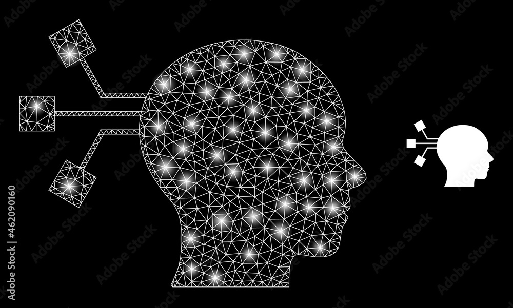 Bright mesh vector brain connection with glow effect. White mesh ...