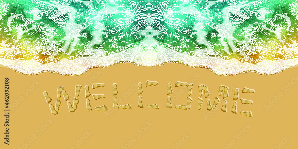 Summer beach background, welcome sign footprints Stock Vector | Adobe Stock