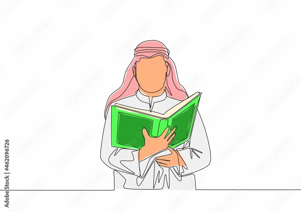 Single continuous line drawing of young muslim person reading and ...