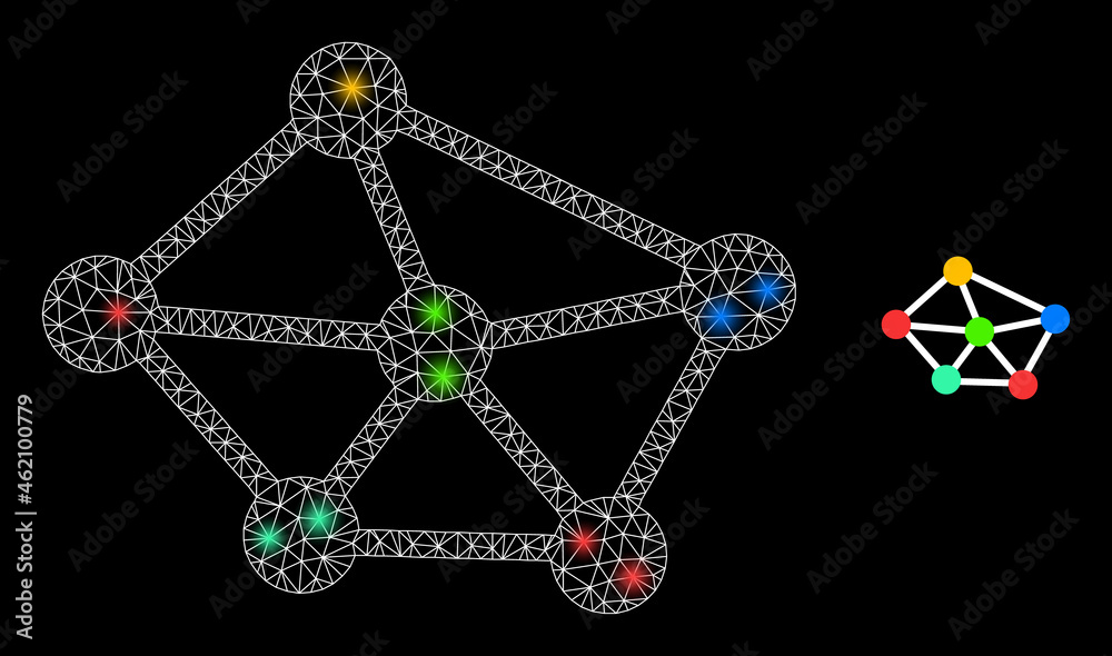 Magic mesh vector network with glow effect. White mesh, bright spots on ...