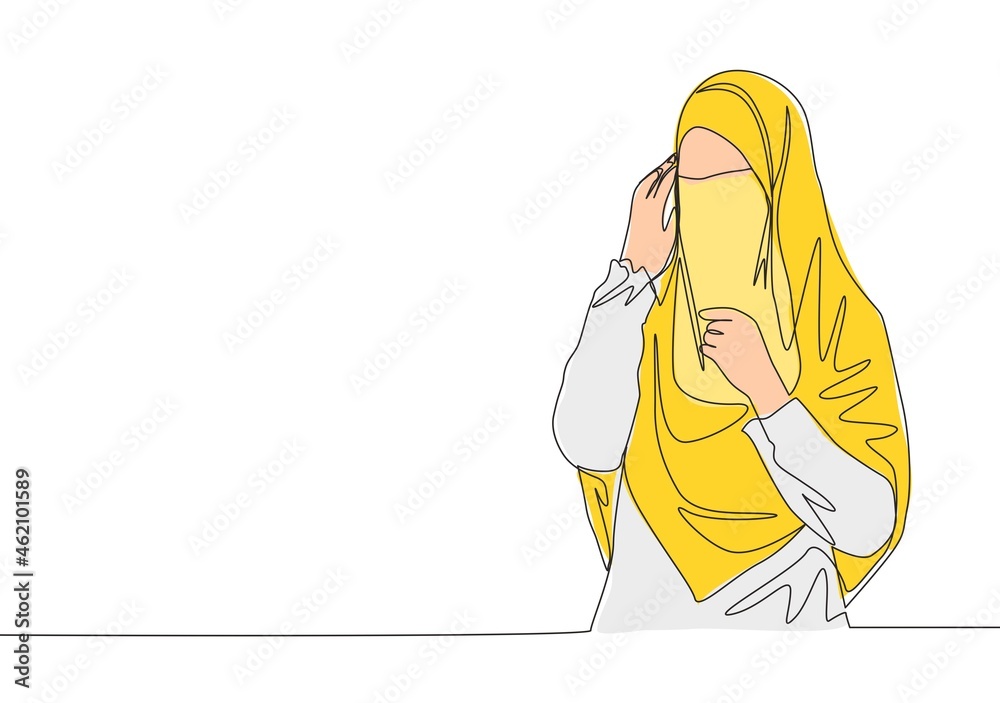 One continuous line drawing of young happy cute saudi arabian muslimah ...